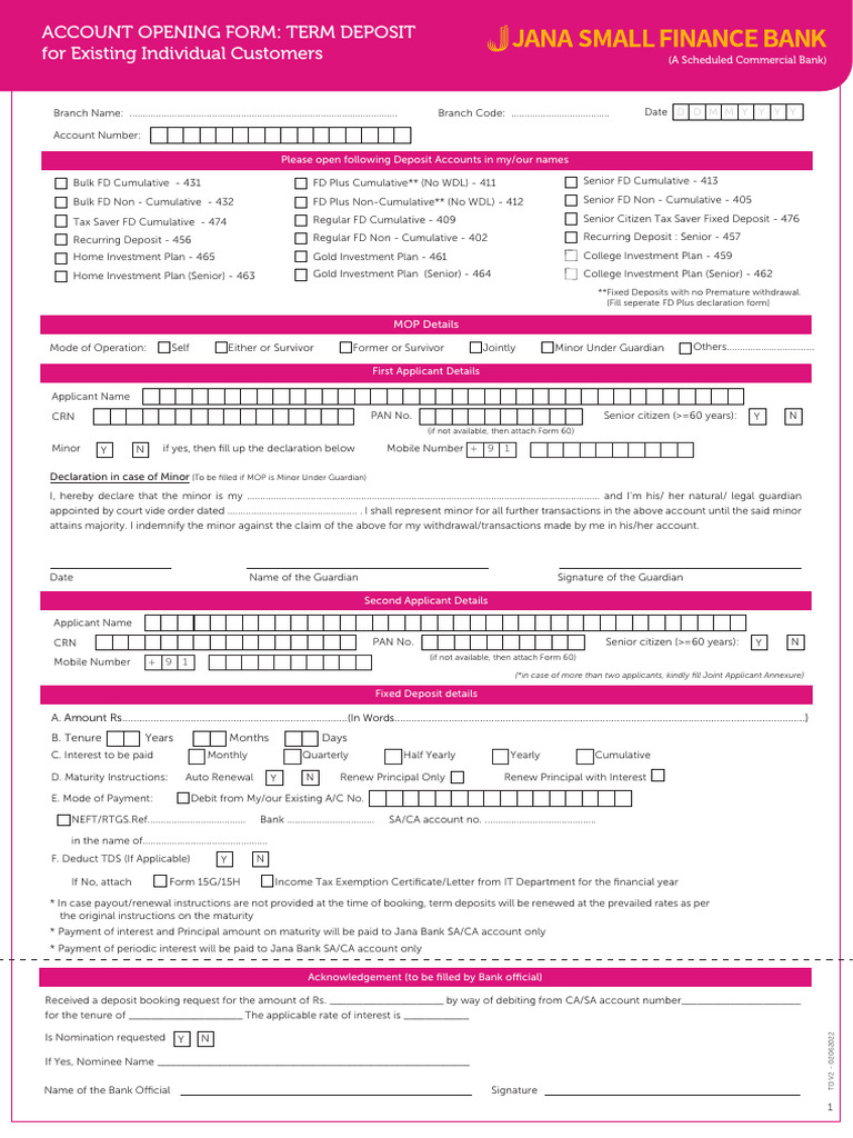 Jana Bank Term Deposit Account Form | PDF | Banks | Personal Finance