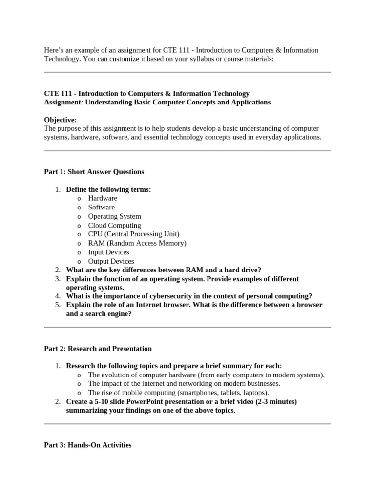 Assignment - CTE 111 - Introduction To Computers & Information Technology | PDF | Operating ...