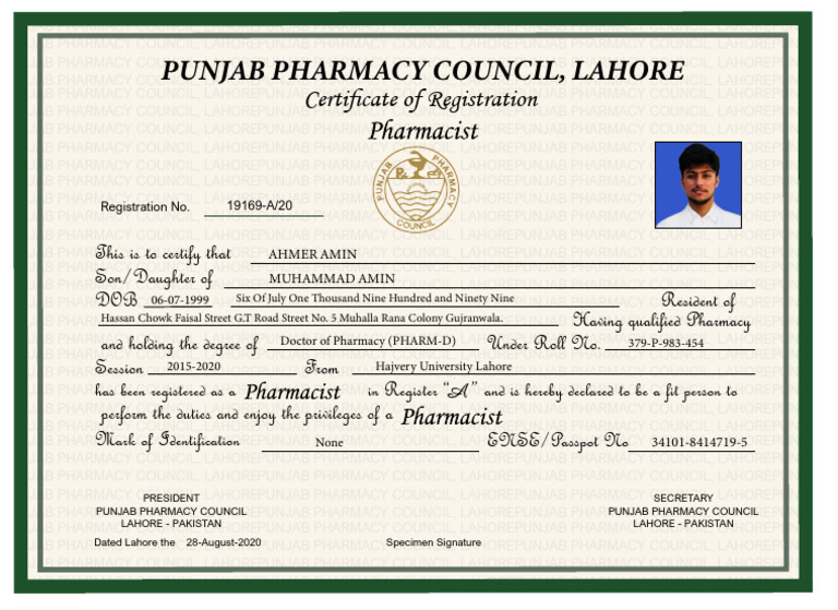 Punjab Pharmacy Council Registration Certificate | PDF