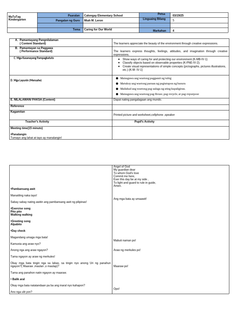 Lesson Plan Kinder Week 5 | PDF
