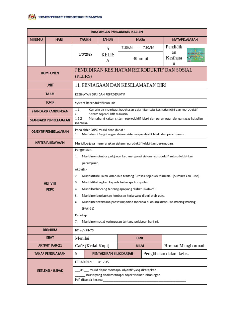 RPH PK THN 5 M3 Refleksi | PDF