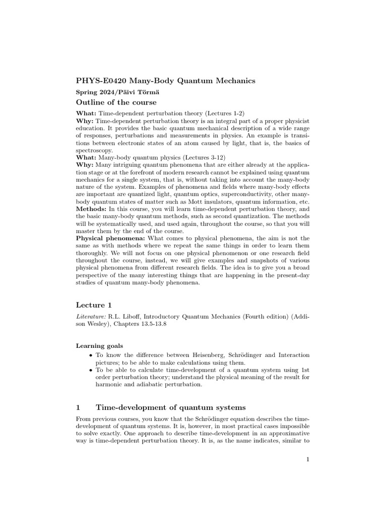 Quantum Many-Body Physics Lecture1 | PDF | Perturbation Theory (Quantum Mechanics) | Schrödinger ...