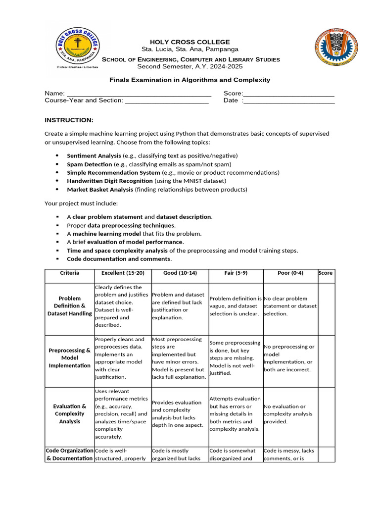 Algorithms and Complexity Finals Exam Rubrics | PDF | Machine Learning | Artificial Intelligence