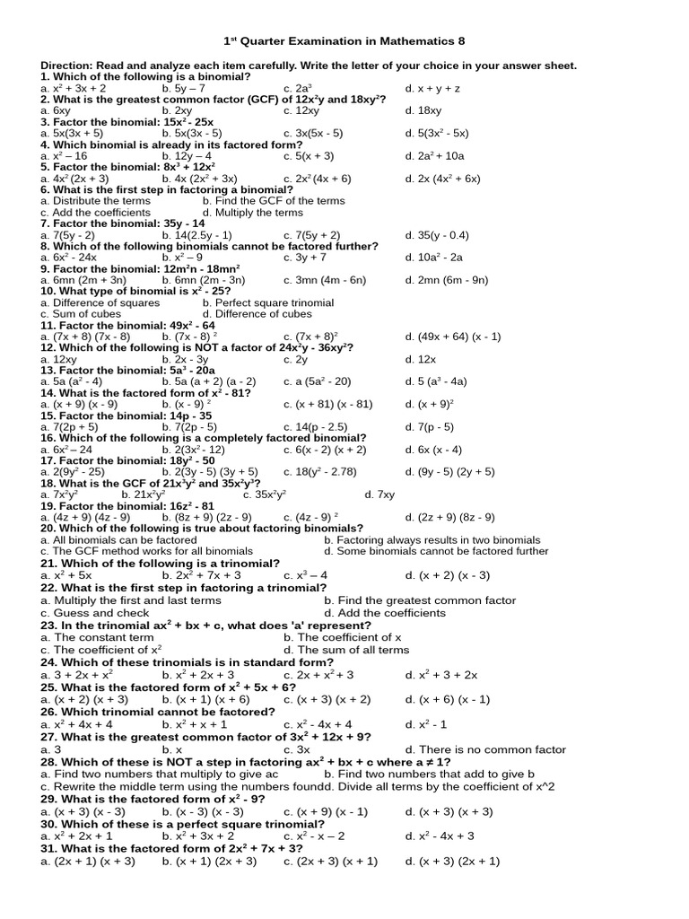 Math 8: 1st Quarter Exam Review | PDF | Mathematics | Elementary ...