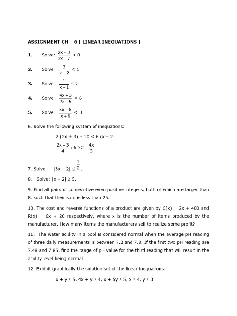 (Class 11) Linear Inequations (Assignment) | PDF