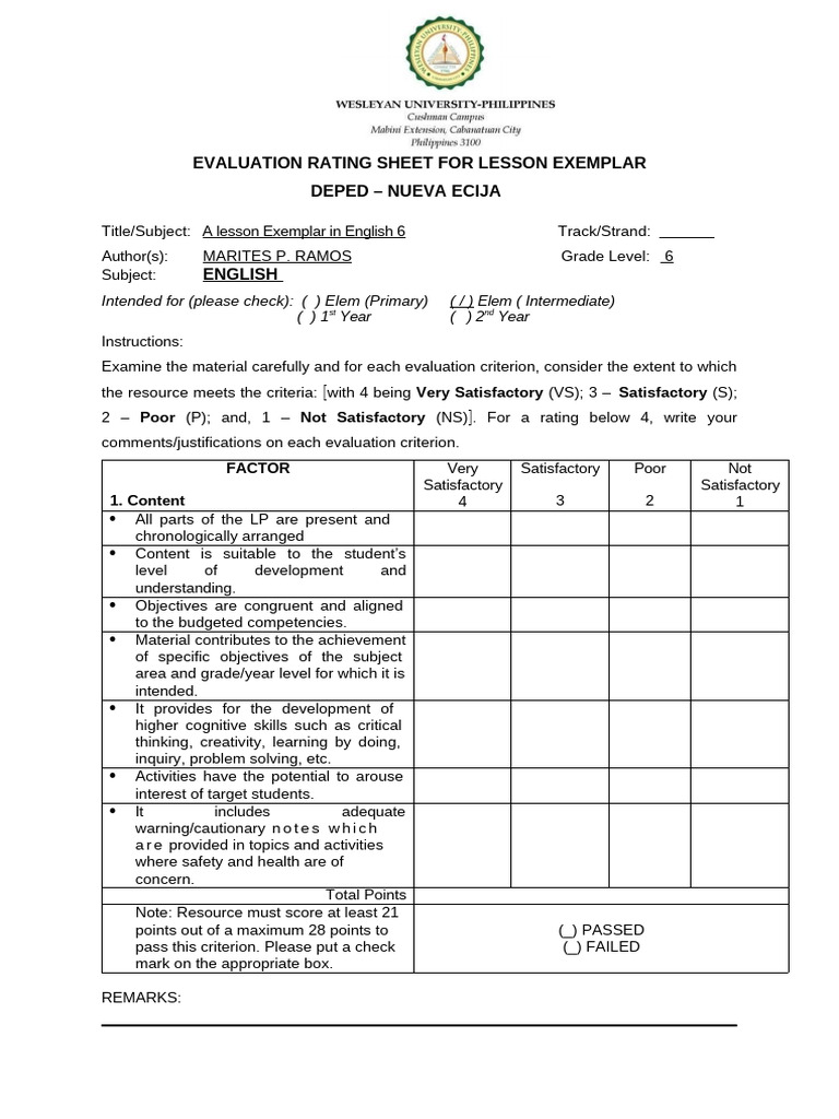 Evaluation Rating Sheet For Lesson Exemplar Deped | PDF | Cognition ...