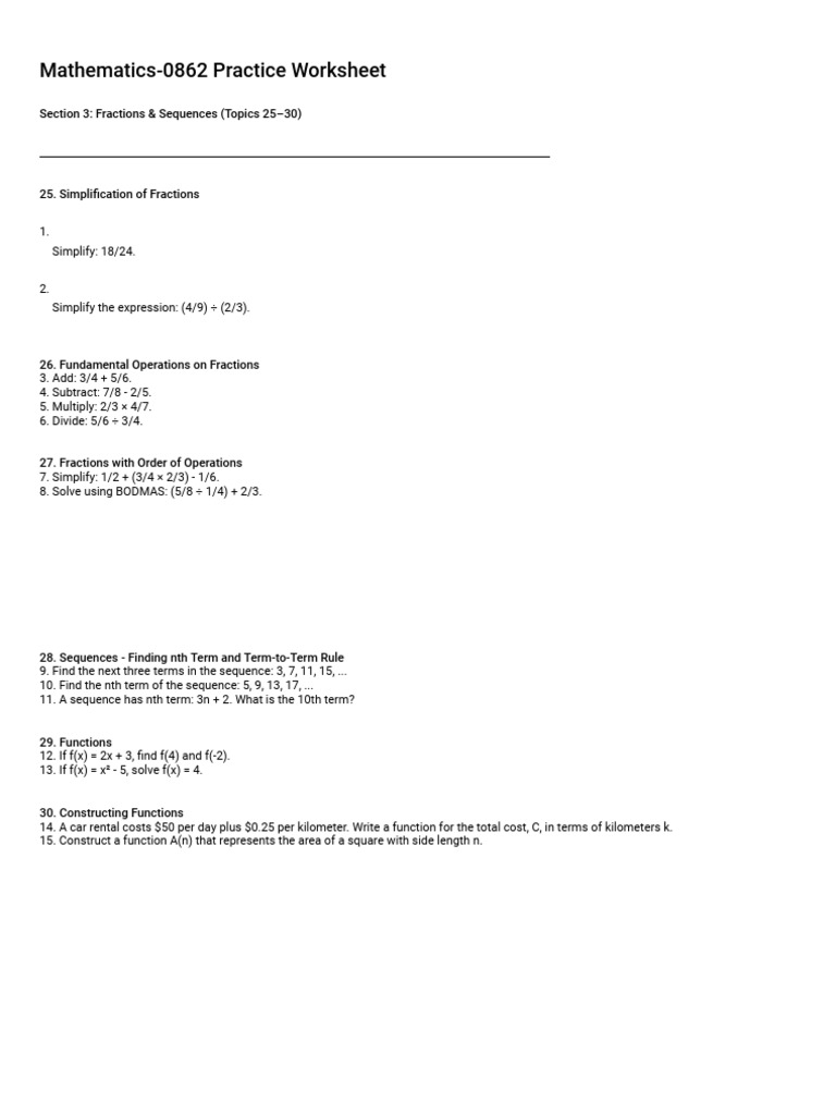 Fractions and Sequences Practice Worksheet | PDF