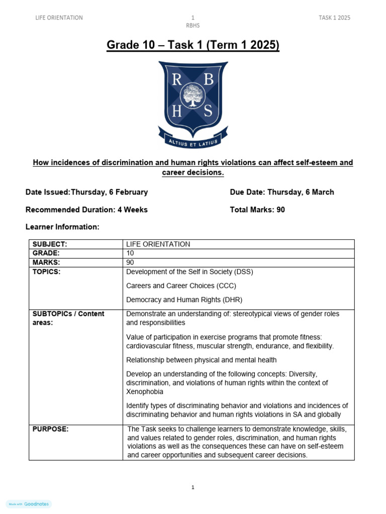 Life Orientation Grade 10 - Task 1 (Term 1 2025) | PDF | Discrimination ...