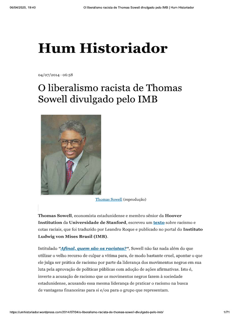 O Liberalismo Racista de Thomas Sowell Divulgado Pelo IMB | PDF