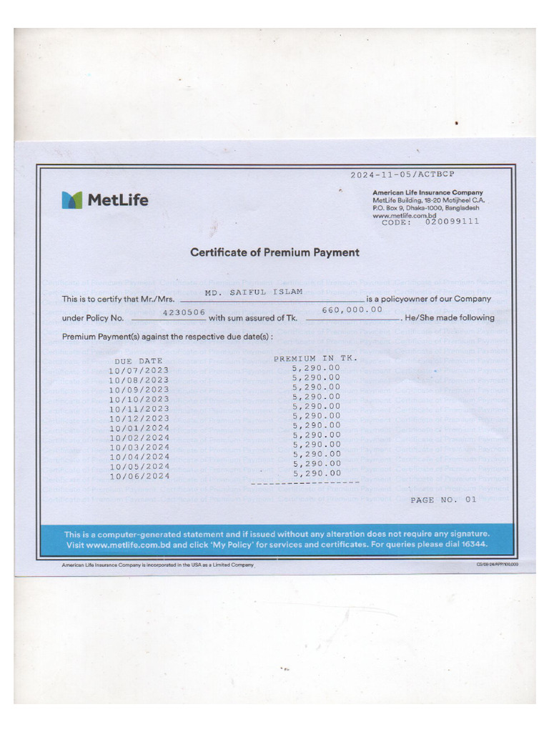 Insurance Certificate 01 | PDF