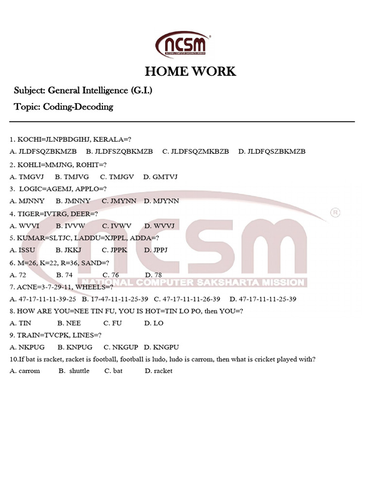 coding decoding home work | PDF