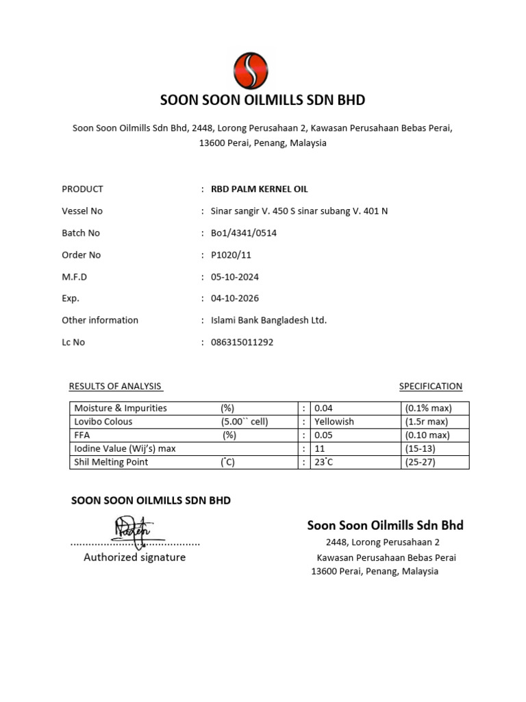 RBD_Palm Kernel_oil_soon_soon_COA_2023[1] | PDF