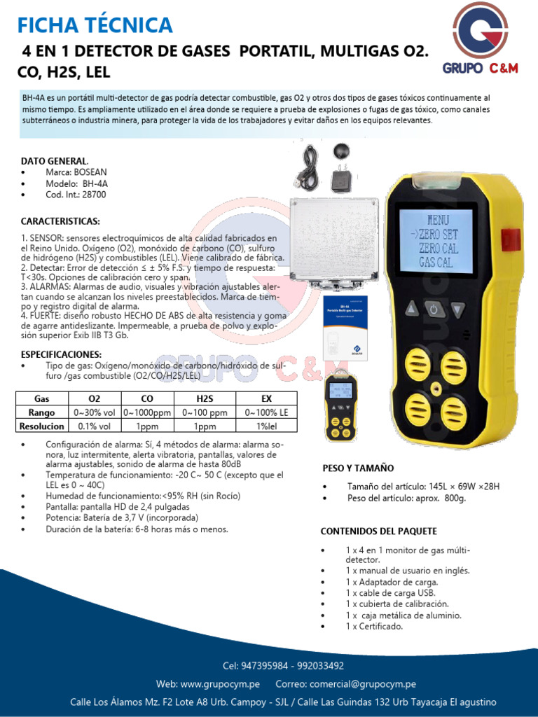 Ficha Tecnica 4 en 1 Detector de Gases Portatil, Multigas O2. Co, h2s, Lel Bosean BH 4a | PDF ...