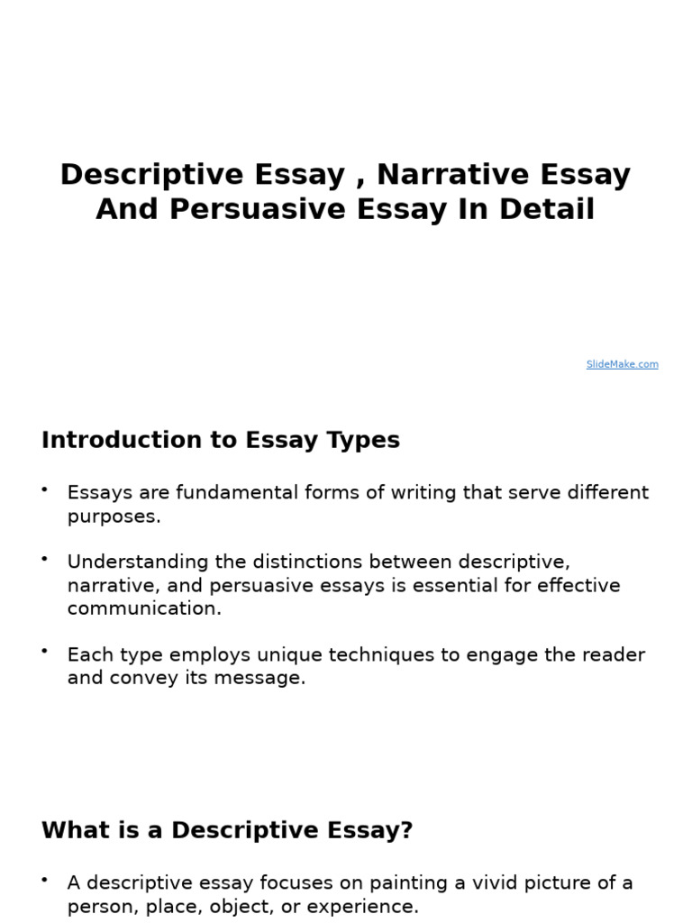 Descriptive Essay, Narrative Essay and Persuasive Essay in Detail | PDF ...