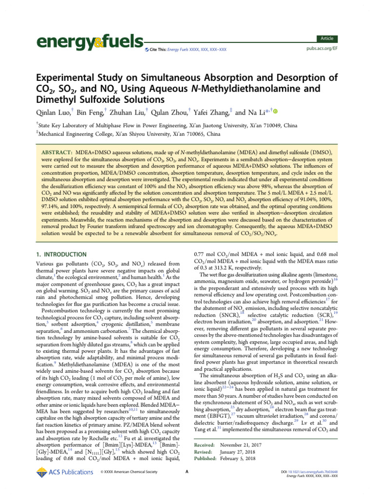 Experimental Study On Simultaneous Absorption and Desorption of CO, So, and NO Using Aqueous ...