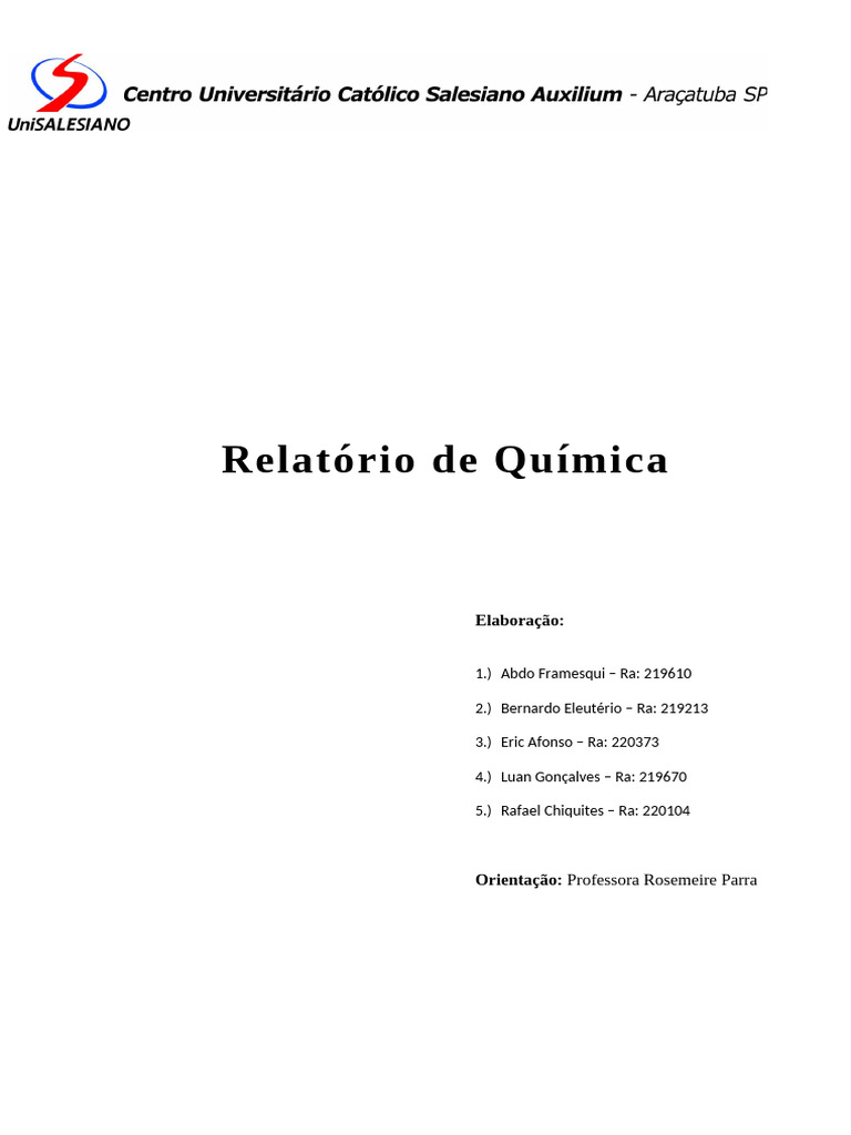 relatório de quimica | PDF | Química | Termômetro