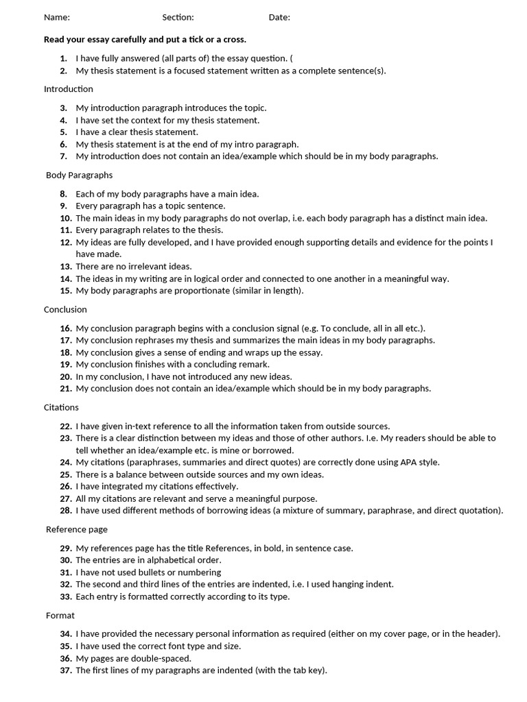 Essay Structure Checklist | PDF | Citation | Paragraph