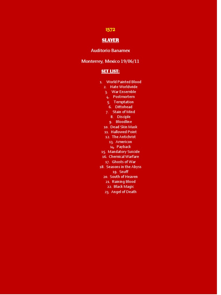 Slayer Concert Setlist Monterrey 2011 | PDF