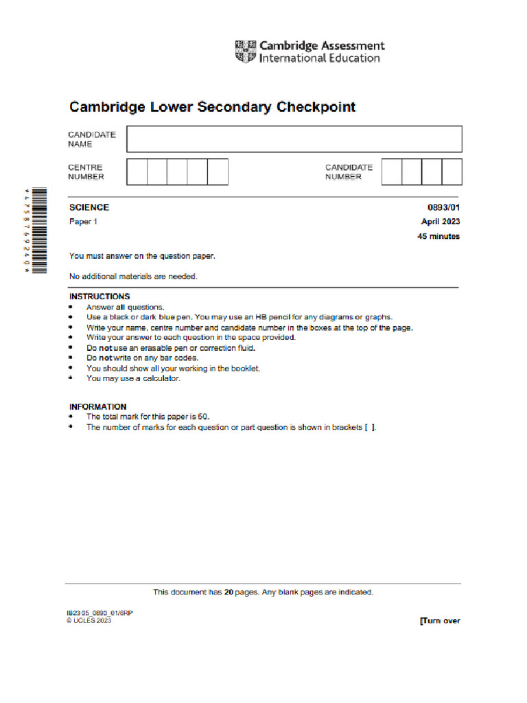 Cambridge Past Science Paper 0893 Front Page Only | PDF