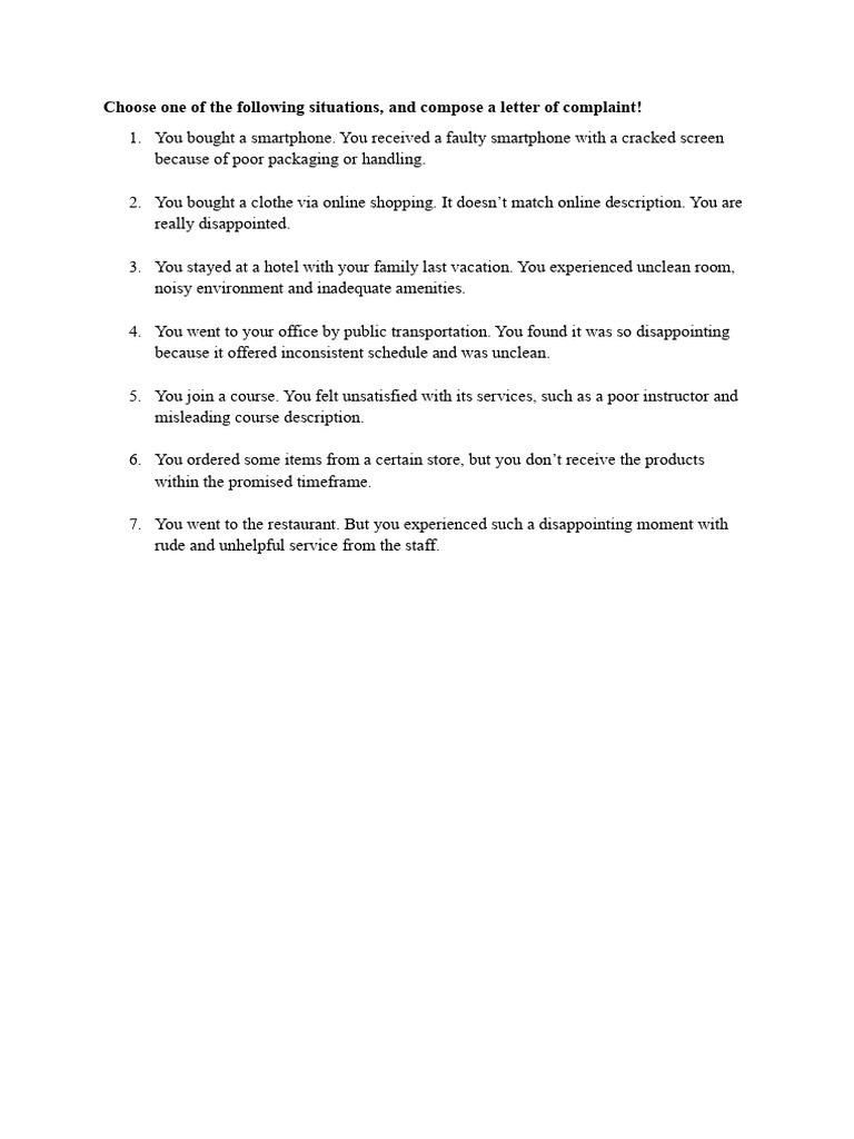 Complaint Letter Scenarios | PDF