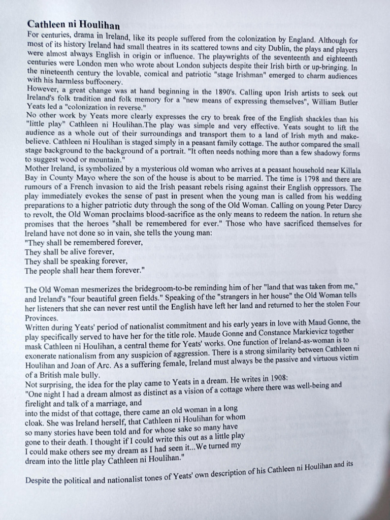 Cathleen Ni Houlihan Notes by Head Sir | PDF