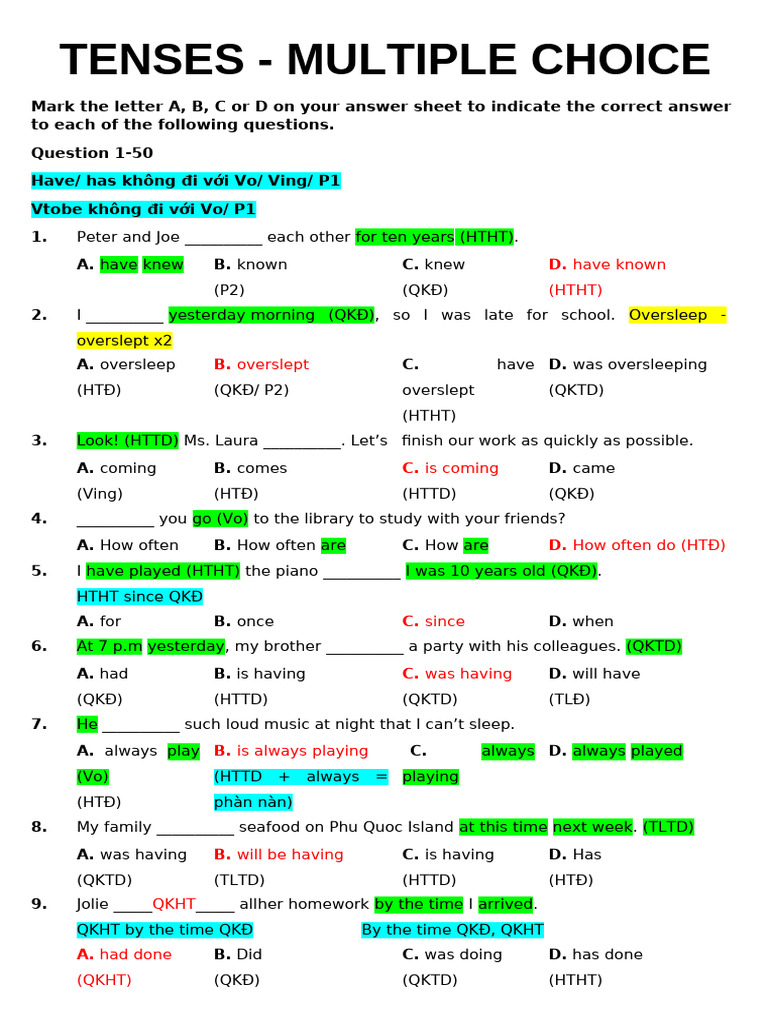 Tenses Multiple Choice Questions | PDF