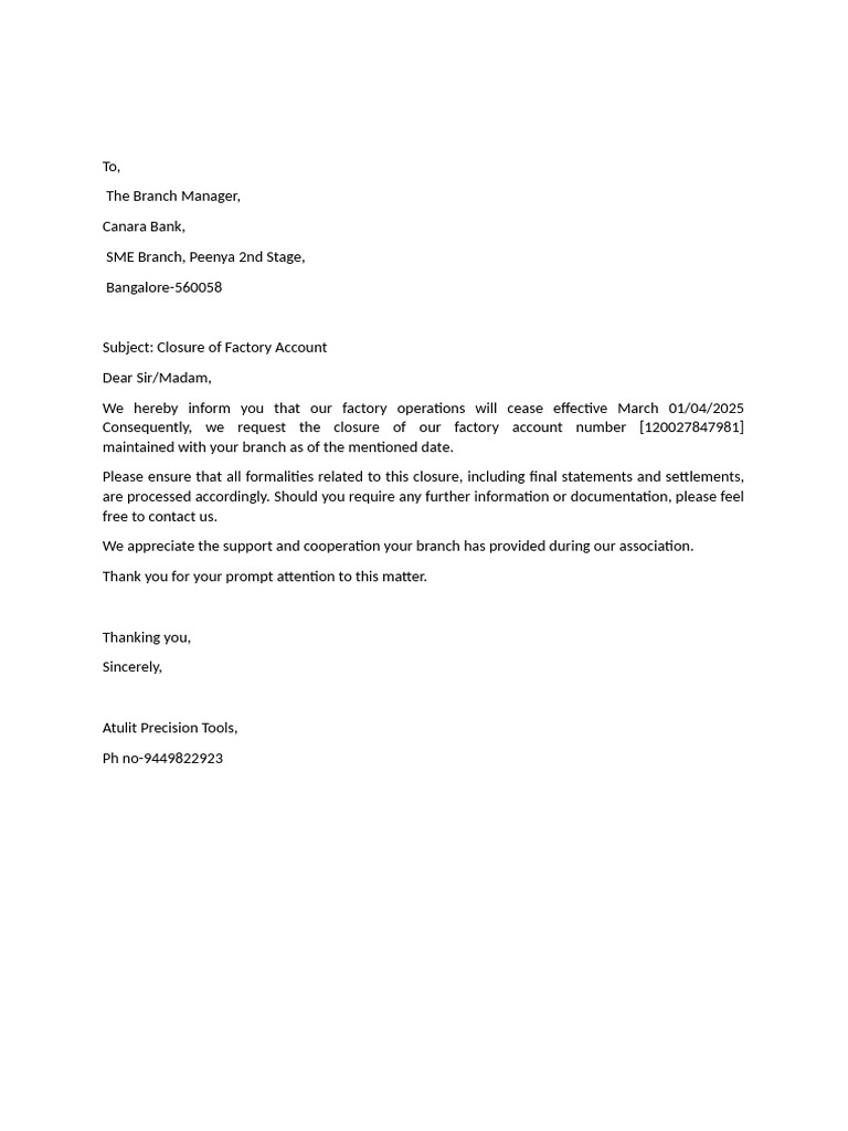 Letter For Closure of Bank Account | PDF