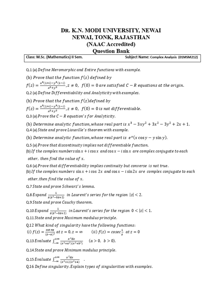 M.Sc. (Maths) II Sem. Complex Analysis | PDF | Mathematics | Mathematical Objects