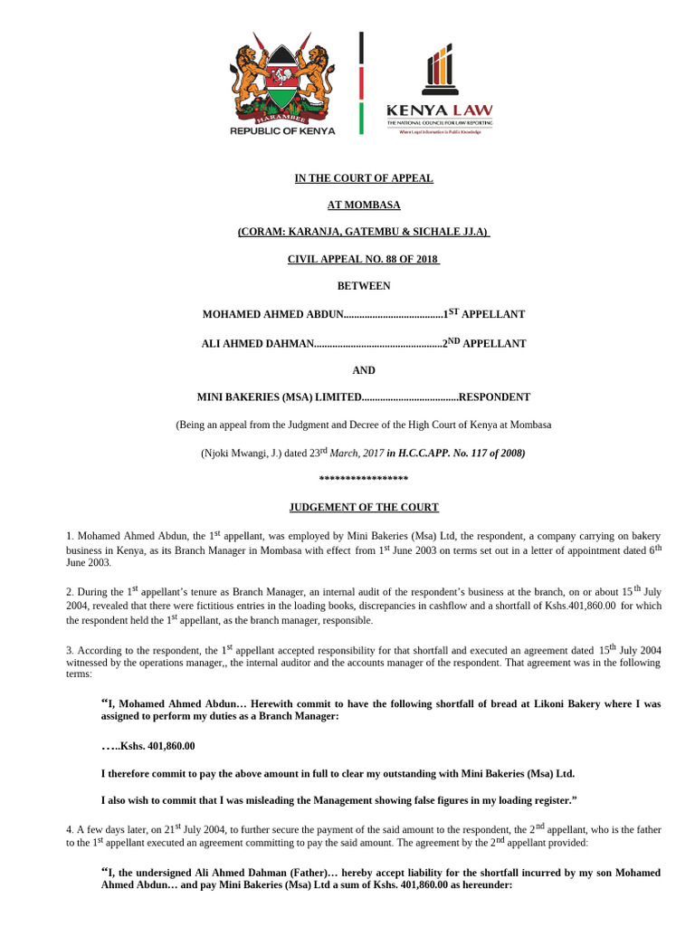 Mohamed Ahmed Abdun Another V Mini Bakeries (MSA) Limited 2019KECA341 ...