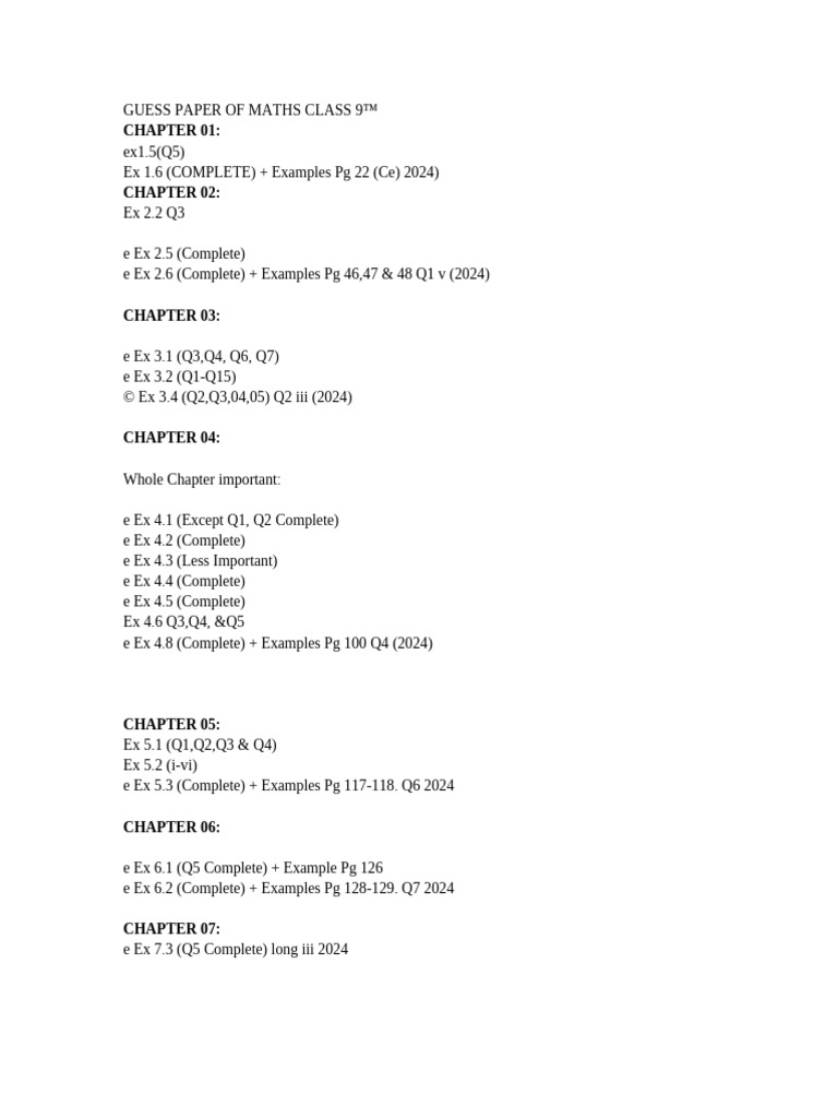 Guess Paper Maths Class 9 | PDF