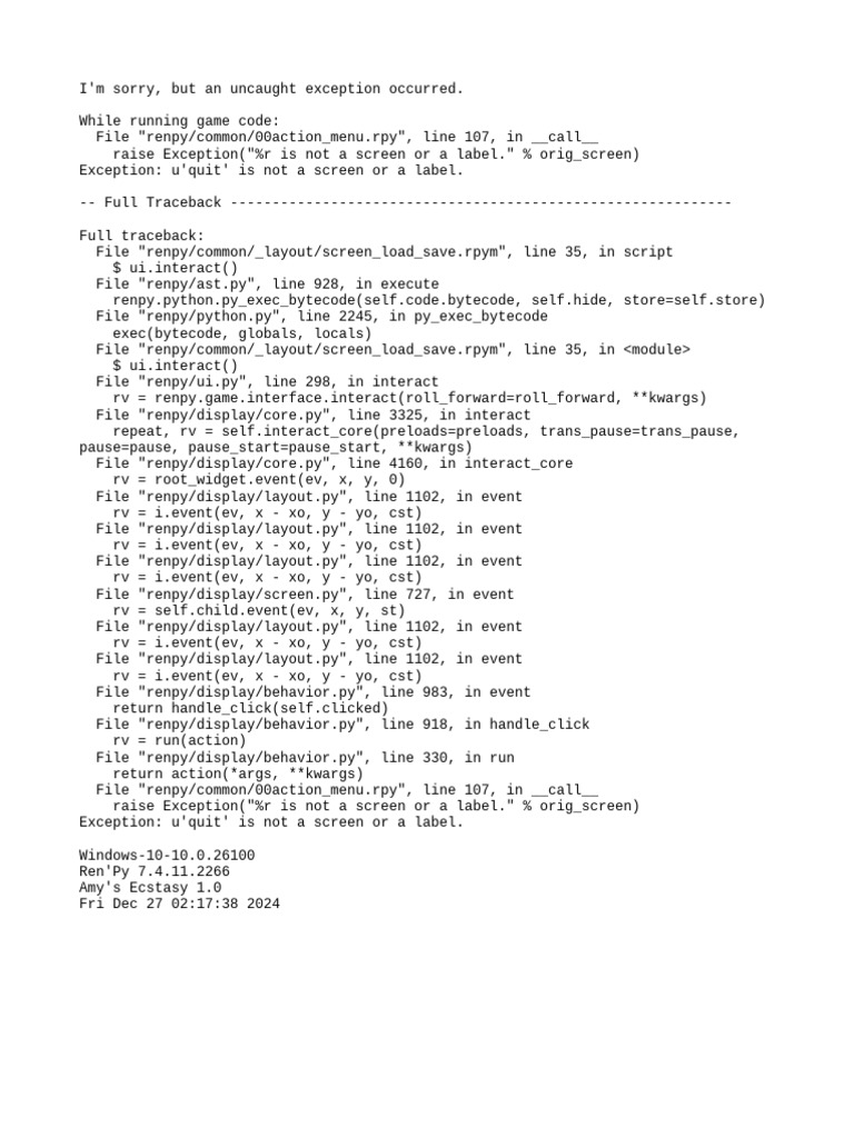 Ren'Py Game Error: 'quit' Not Found | PDF