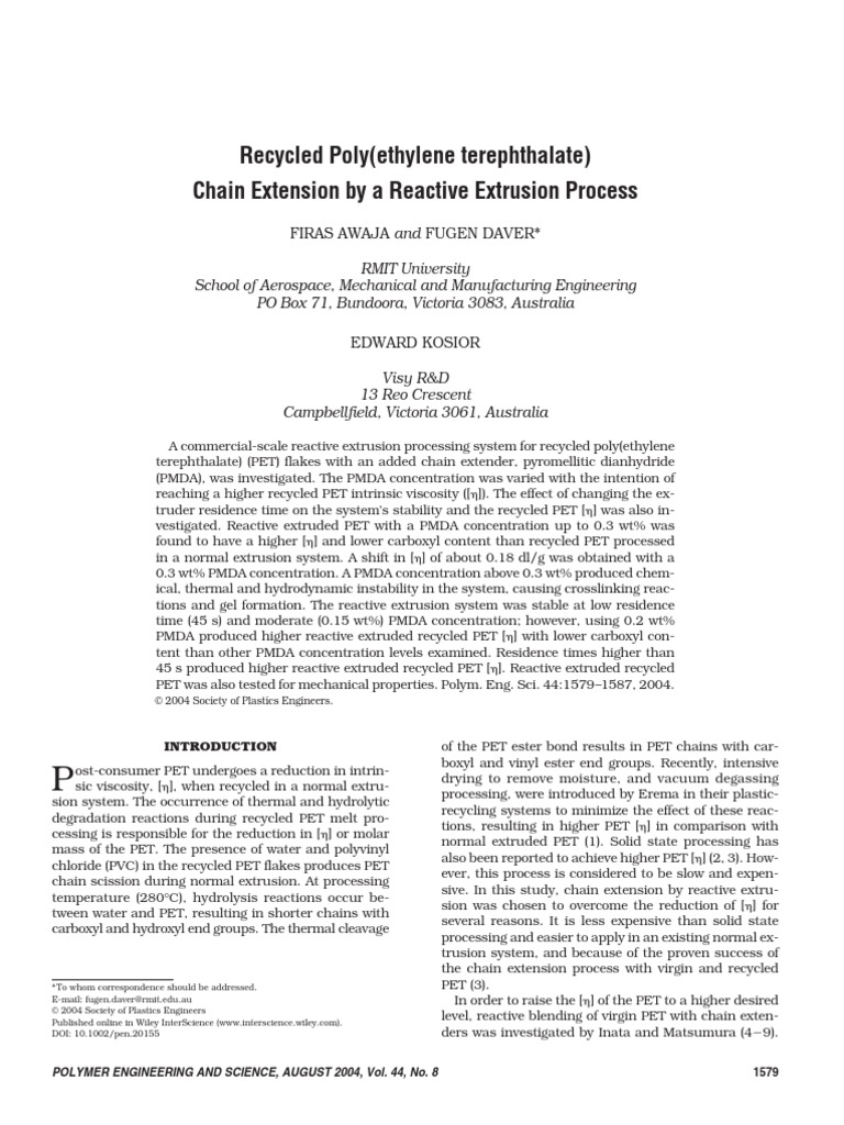 Recycled Poly (Ethylene Terephthalate) Chain Extension by A Reactive Extrusion Process | PDF ...