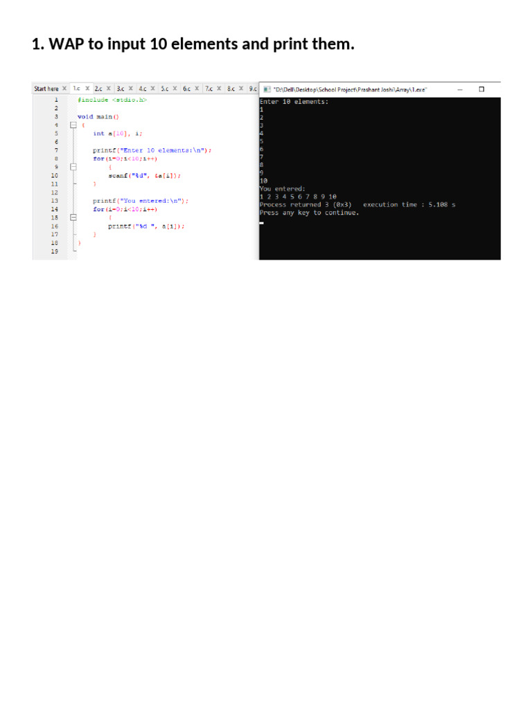 Some Class 11 Basic ARRAY Questions and Codes of C Program | PDF