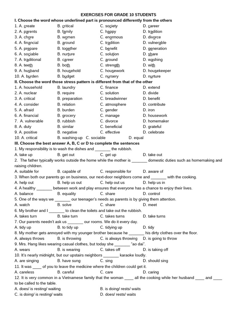 Grade 10 Vocabulary and Grammar Exercises | PDF