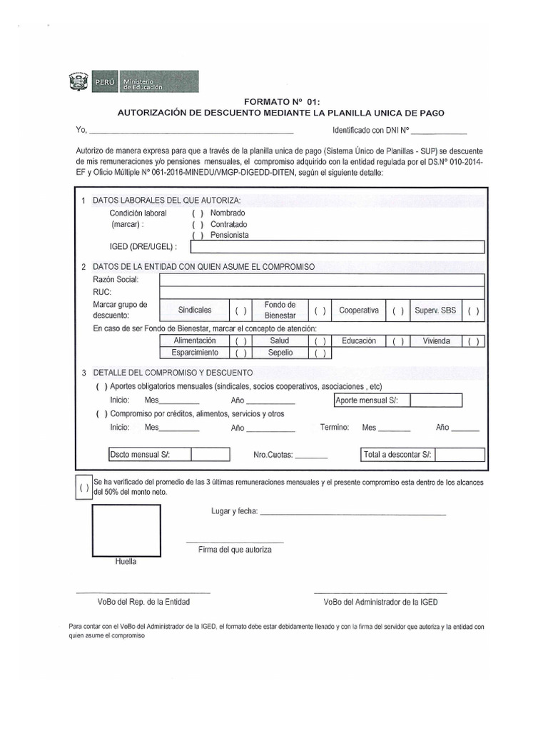 FORMATO 01 - Autorización de Descuento | PDF