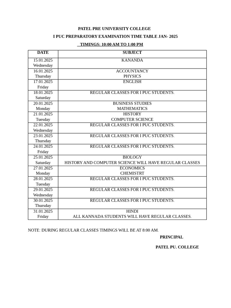 I Puc Time Table Preparatory Exams | PDF