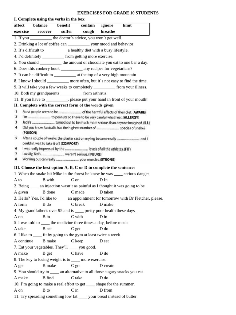Exercises For Grade 10 Students 5 | PDF | Housewife | Foods