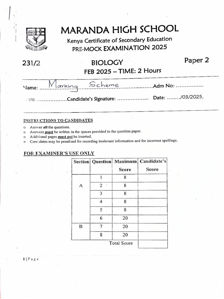 Biology Pp2 Pre Mock 2025 Ms | PDF