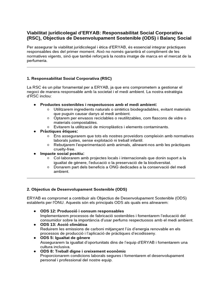 Viabilitat Jurídicolegal d'ERYAB - Responsabilitat Social Corporativa (RSC), Objectius de ...