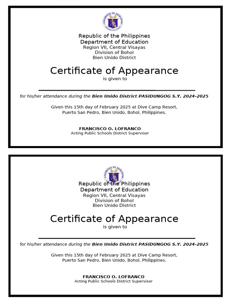 PASIDUNGOG Standard Deped Certificate-Appearance - Participation | PDF