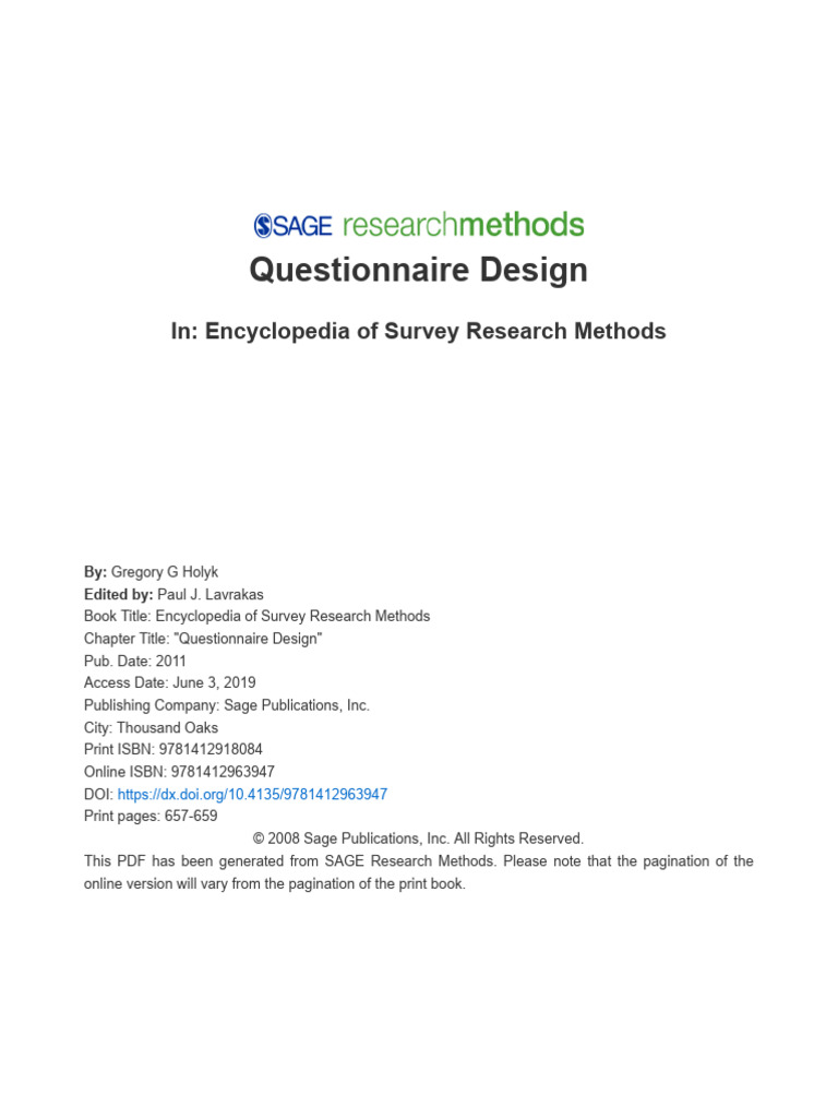 Questionnaire Design - Sage Res Methods | PDF | Survey Methodology ...