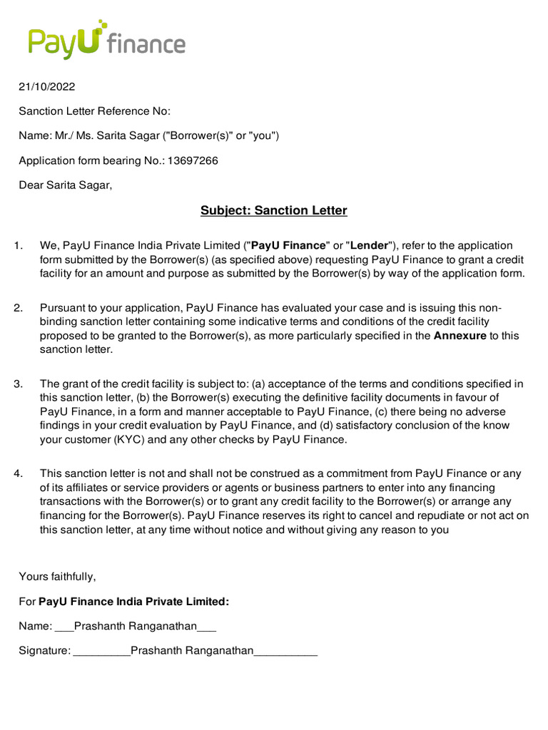 Sanction Letter PS14900513 DTunVGG | PDF | Line Of Credit | Interest