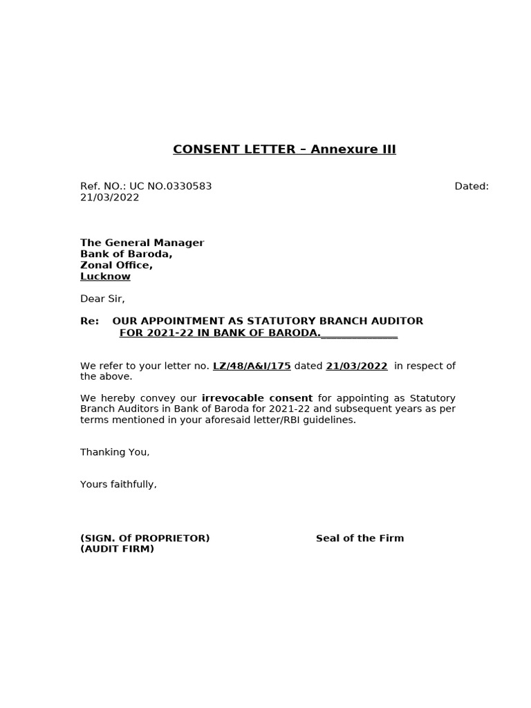 Annexure III Consent Letter | PDF