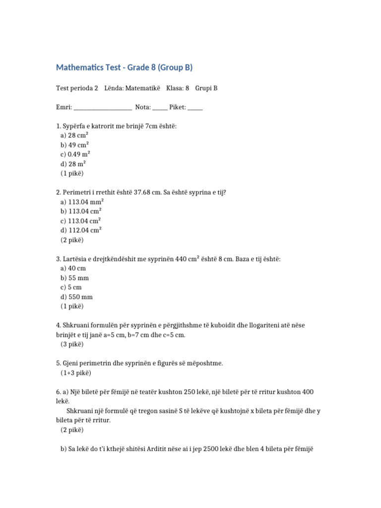 Mathematics Test Grade 8 | PDF
