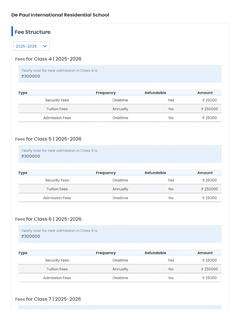 Fees Structure - de Paul International Residential School - 2025-2026 | PDF