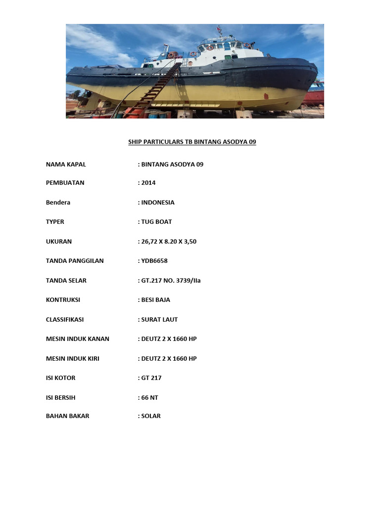 SHIP PARTICULARS KAPAL TUGBOAT asodya 09 DAN BG TITAN32 2015 REBUILD 2024 | PDF