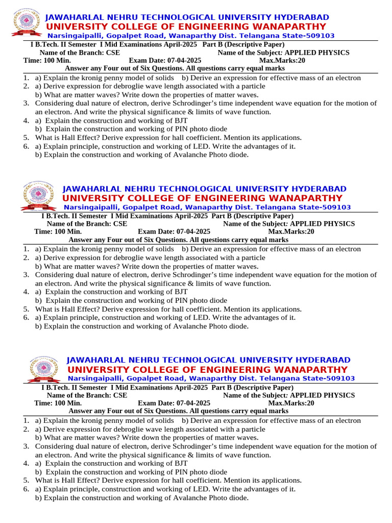 B.Tech Applied Physics Mid Exam Questions | PDF | Electron | Waves