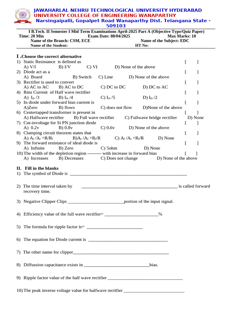 Btech 1st Yr 2nd Sem EDC Bit Paper For ECE & CSM | PDF | Rectifier | Diode