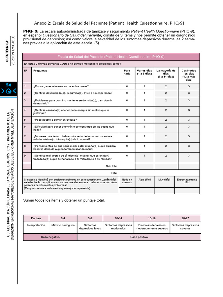 (Patient Health Questionnaire, PHQ-9) Escala de Salud Del Paciente | PDF | Depresión (estado de ...
