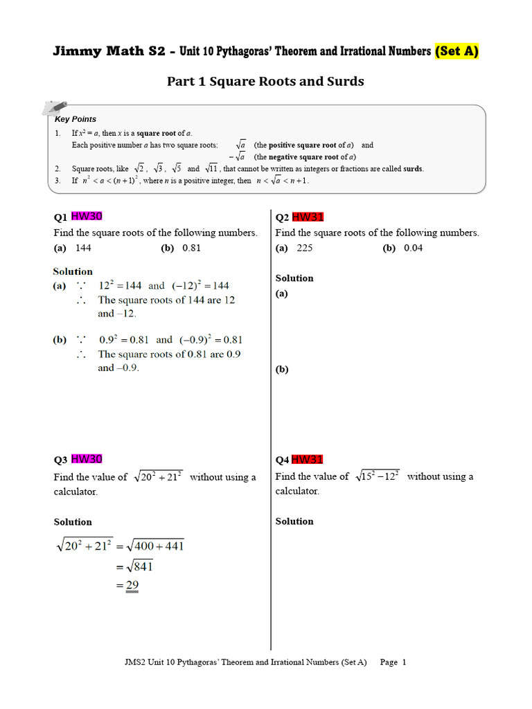 JMS2 Unit10 Pythagoras Theorem and Irrational Numbers (SetA) | PDF ...